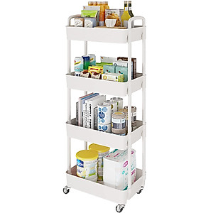 Laiensia 4-Tier Storage Cart,Multifunction Utility Rolling Cart Kitchen Storage Organizer,Mobile Shelving Unit Cart with Lockable Wheels for Bathroom,Laundry,Living Room,With Classified Stickers,White