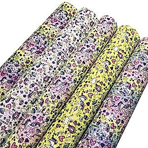 Unicorn Printed Faux Leather Fabric Sheets 5 Pieces Glitter Sequins Synthetic Fabric for DIY Bows Earrings Making Crafts (Assorted A)