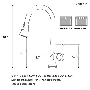 Kitchen Sink Faucet, Peppermint 3 Hole Faucet for Kitchen Sink with Pull Down Sprayer Fingerprint Resistant Single Handle Commercial Kitchen Sink Faucet with Nylon Hose, Brushed Nickel