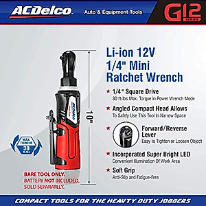ACDelco ARW1207T G12 Series 12V Cordless Li-ion 1/4” 30 ft-lbs. Ratchet Wrench – Bare Tool Only