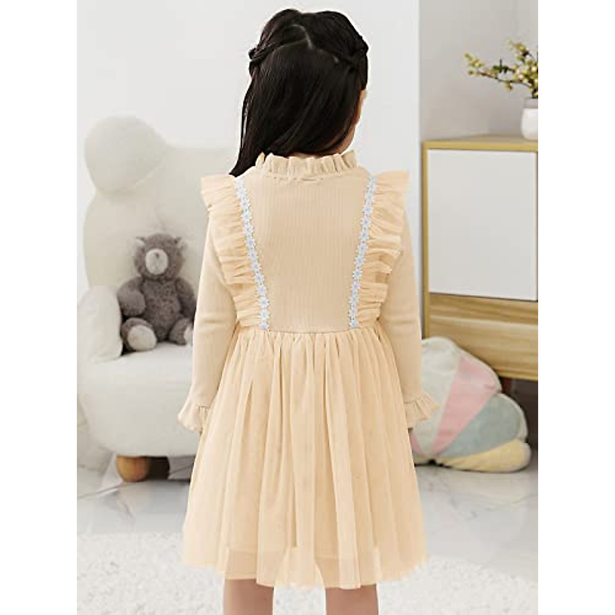 Toddler Baby Girls Knit Sweater Floral Tutu Dresses Long Sleeve Princess Fluffy Tulle Dress (Apricot, 4-5T)