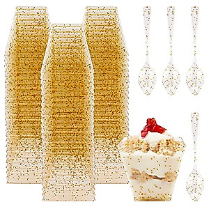 Kucoele 100 Pack 2 oz Mini Dessert Cups with Spoons, Gold Glitter Plastic Serving Cups for Small Appetizers Parfaits Puddings Fruits Yogurts and Tastings