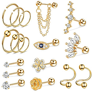 Leocuci Cartilage Earring Tragus Piercing Jewelry for Women Stainless Steel Forward Helix Earrings Gold Daith Piercing Jewelry Conch Hoop Earring Set with Ear Piercing Studs