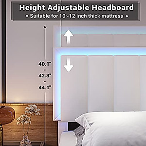 Hasuit Queen Bed Frame with 4 Storage Drawers, LED Light Queen Size Platform Bed with Charging Station, Artificial Leather Upholstered Bed with Adjustable Headboard, No Box Spring Needed