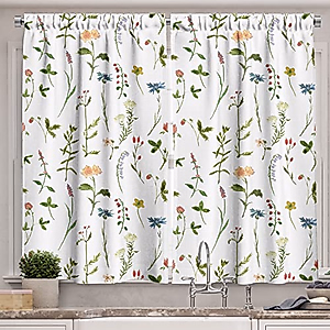 Ambesonne Floral Kitchen Curtains, Spring Season Themed Watercolors Painting of Herbs Flowers Botanical Garden Artwork, Window Drapes 2 Panel Set for Kitchen Cafe Decor, 55" x 39", Ivory