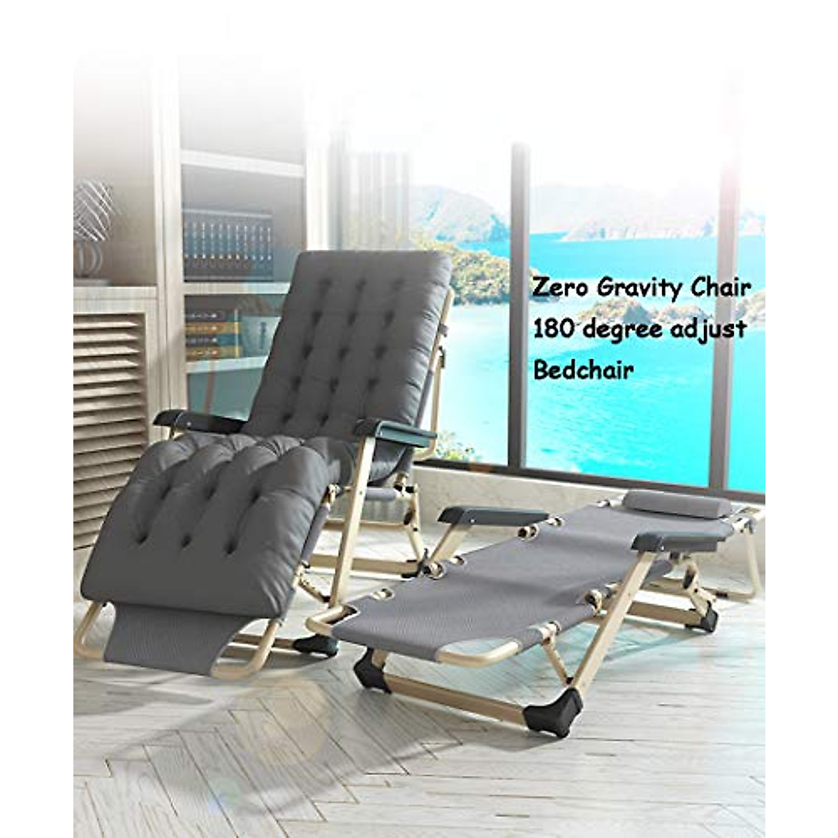 Oversize XL Reclining Chair Folding Zero Gravity Lounge Chair Deck Chairs Cotton Cushion for Garden Outdoor Patio Sun Loungers Bed Recliner Loading up to 300kg with Head Pillow in Gray