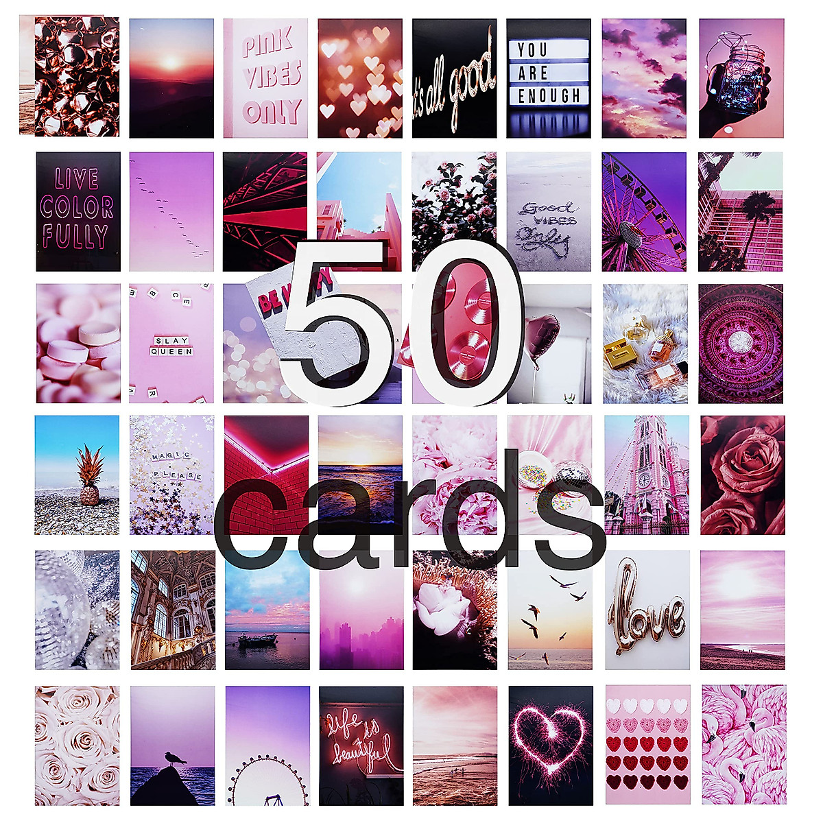 Elevation Art Photo Collage Kit for Wall Aesthetic, 55 Photos and 12 3D Butterfly Stickers. Peaceful Pink and Blue Room Decor for Teen Girl Room Decor and Dorm Rooms.