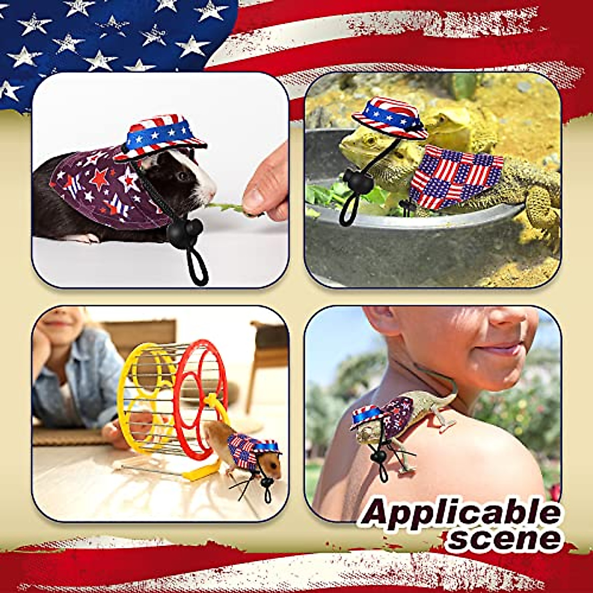 4 Pcs 4th of July Bearded Dragon Hats Lizard Bandanas Lizard Bowler Hat and Scarf, Independence Day Guinea Pig Clothes Independence Day Bearded Dragon Clothes Accessories for Reptile Lizard Gecko