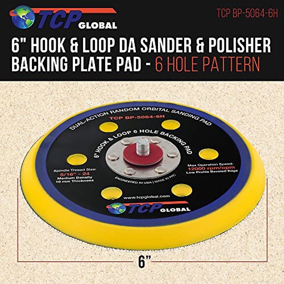TCP Global 6" Hook & Loop DA Sander & Polisher Backing Plate Pad, 6 Hole Pattern Dustless - Dual-Action Random Orbital Sanding Pad - Low Profile Edge, Medium Density - for Auto Woodworking Sandpaper