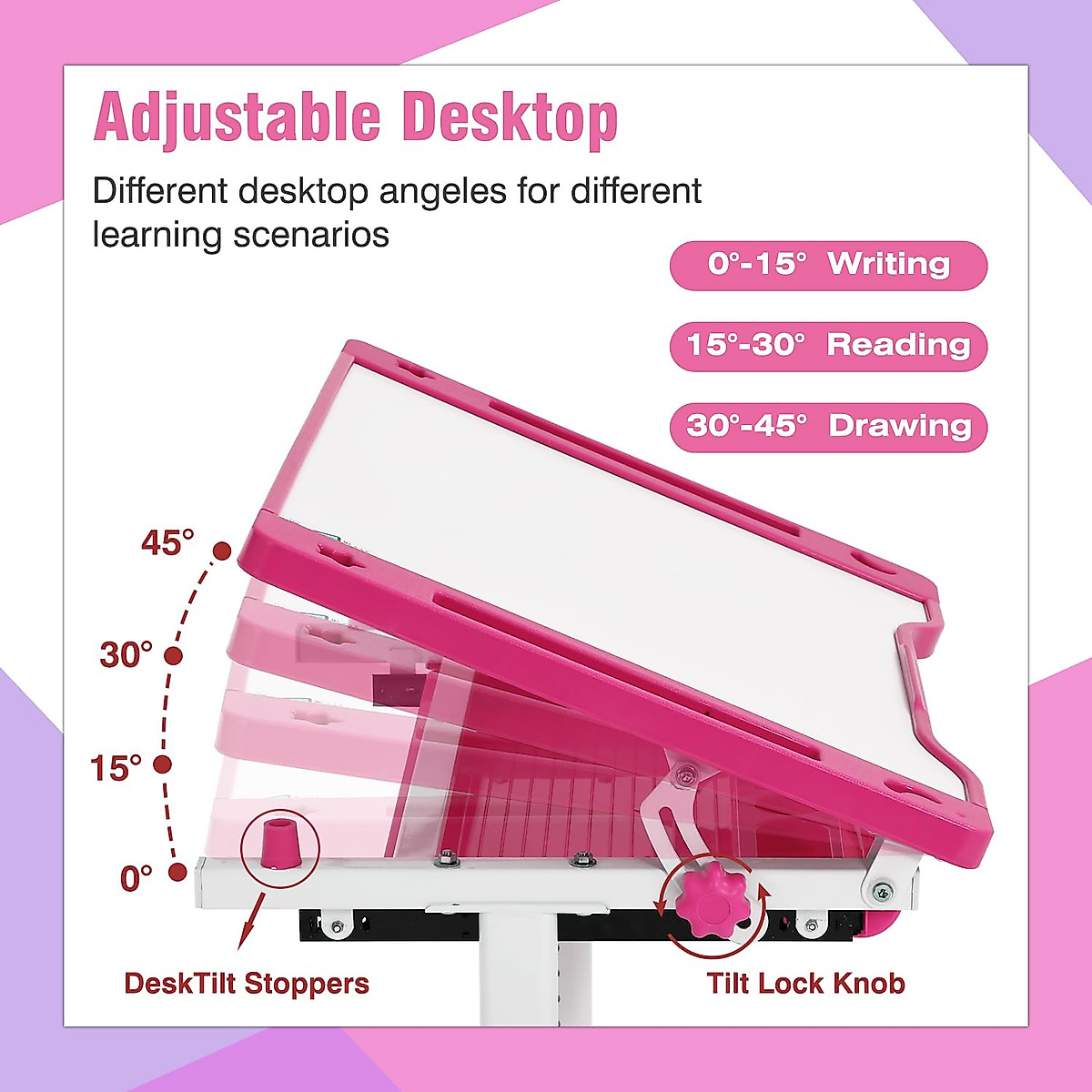 PayLessHere Kids Desk and Chair Set,Height Adjustable Study Desk for Kids with Pull Out Drawer Storage,Multi-function Study Desk and Chair for Writing, Reading and Drawing (Pink)