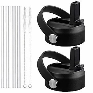 FLORAPELL Straw Lid for Hydro Flask Wide Mouth Water Bottles, Top Lids with Straw Compatible with Hydro Flask 32 40 oz, Replacement Cap Wide Mouth Accessories Flip Lid Flex Handle (Black - 2 Pack)