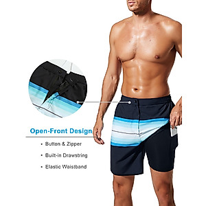 SILKWORLD Mens Swim Trunks 2 in 1 Quick Dry 7 Inch Swimming Shorts with Zipper Pockets, Navy Blue Stripe, Large