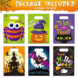 DECORLIFE 72 Pcs Halloween Treat Bags, 6 Styles Heavy Duty Halloween Bags Bulk with Handle, Loot Bags for Goody, Candy, Gift, Treat or Trick