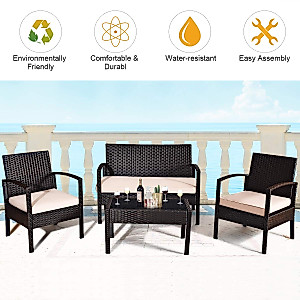 DORTALA 4 Piece Wicker Patio Furniture Set, Outdoor PE Rattan Conversation Set with Loveseat, Chairs & Coffee Table for Backyard Porch Garden Poolside Balcony