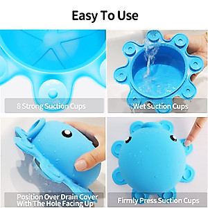 Bath Tub Overflow Drain Cover- Bathtub Drain Cover, Silicone Bathtub Overflow Cover with Suction Cups, Tub Overflow Drain Stopper Adds Inches of Water for Deeper Bath, Cute Bathroom Accessories, Blue