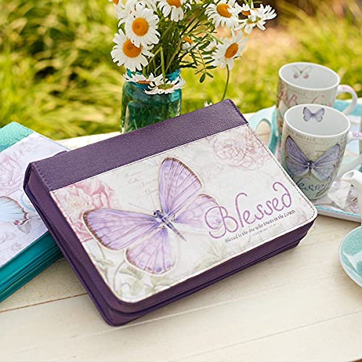 Christian Art Gifts Women's Fashion Bible Cover Blessed Butterfly Jeremiah 17:7, Purple Floral Faux Leather, XL