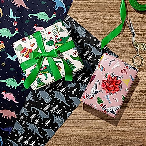 WAPLIGHAL Dinosaur Christmas Wrapping Paper for Boys Girls Kids - Funny Dinosaurs on White Pink Black Designs - Gift Wrap for Birthday, Baby Shower, Holiday - 8 Sheets, Each 20 x 29 Inches, Recycled, Easy to Store