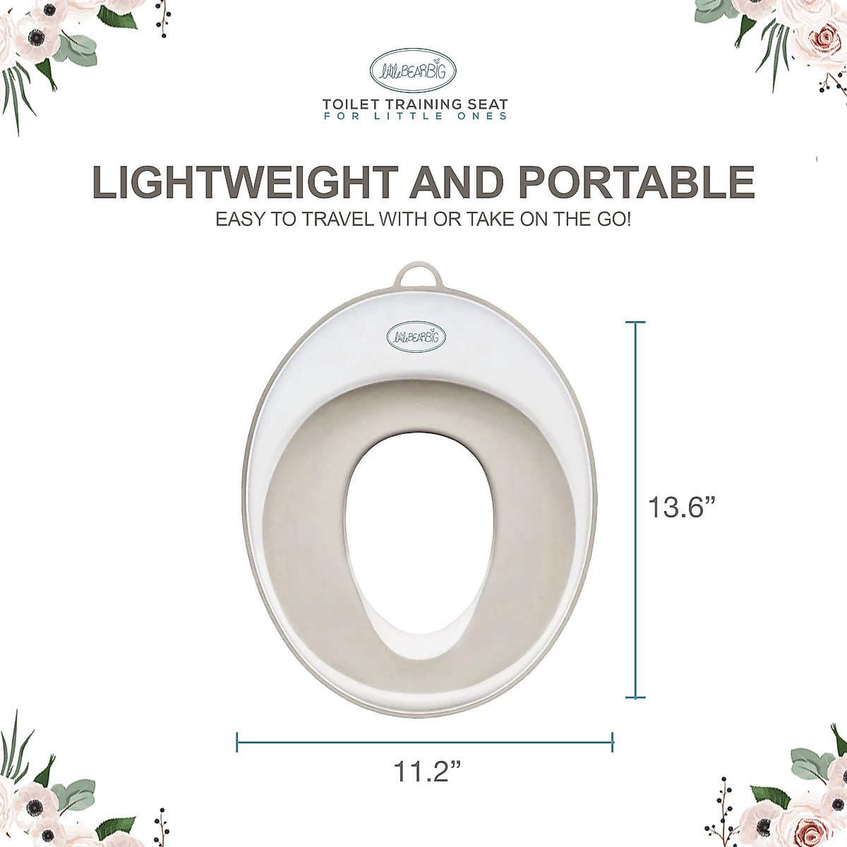 Baby and Toddler Potty Training Seat For Boys and Girls by LittleBearBig - Portable White and Gray Topseat for Toilet with Hook - Fits Oval/Round Lid - Travel Friendly - Stylish Design -Non-Slip Ring