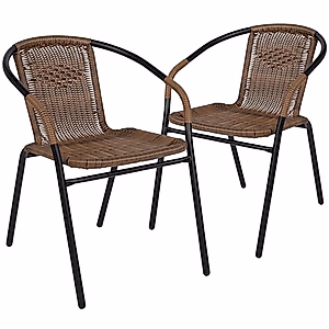 Flash Furniture Lila Modern Rattan Indoor/Outdoor Stackable Dining Chairs, Stacking Rattan Bistro Chairs for Patio or Restaurant, Set of 2, Brown