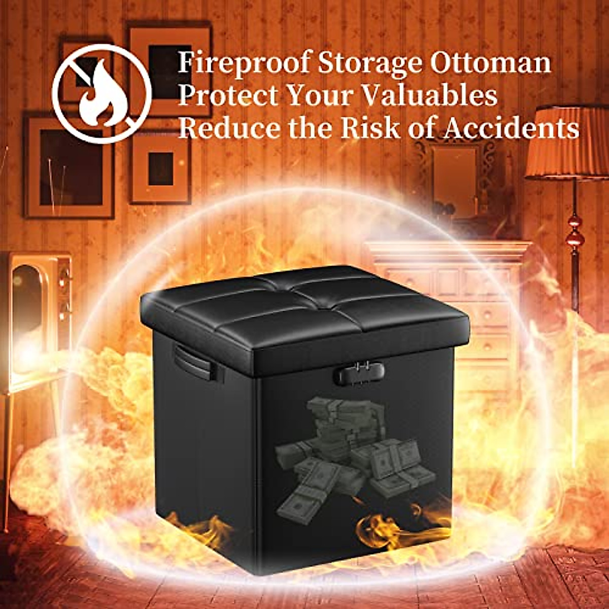 ENGPOW Storage Ottoman,Fireproof ＆ Waterproof Folding Ottoman Cube Storage Stool with Lock,Leather Square Ottoman Storage Chest Safe for Living Room, Bedroom, Home Office,Dorm,15"x15"x15",Black