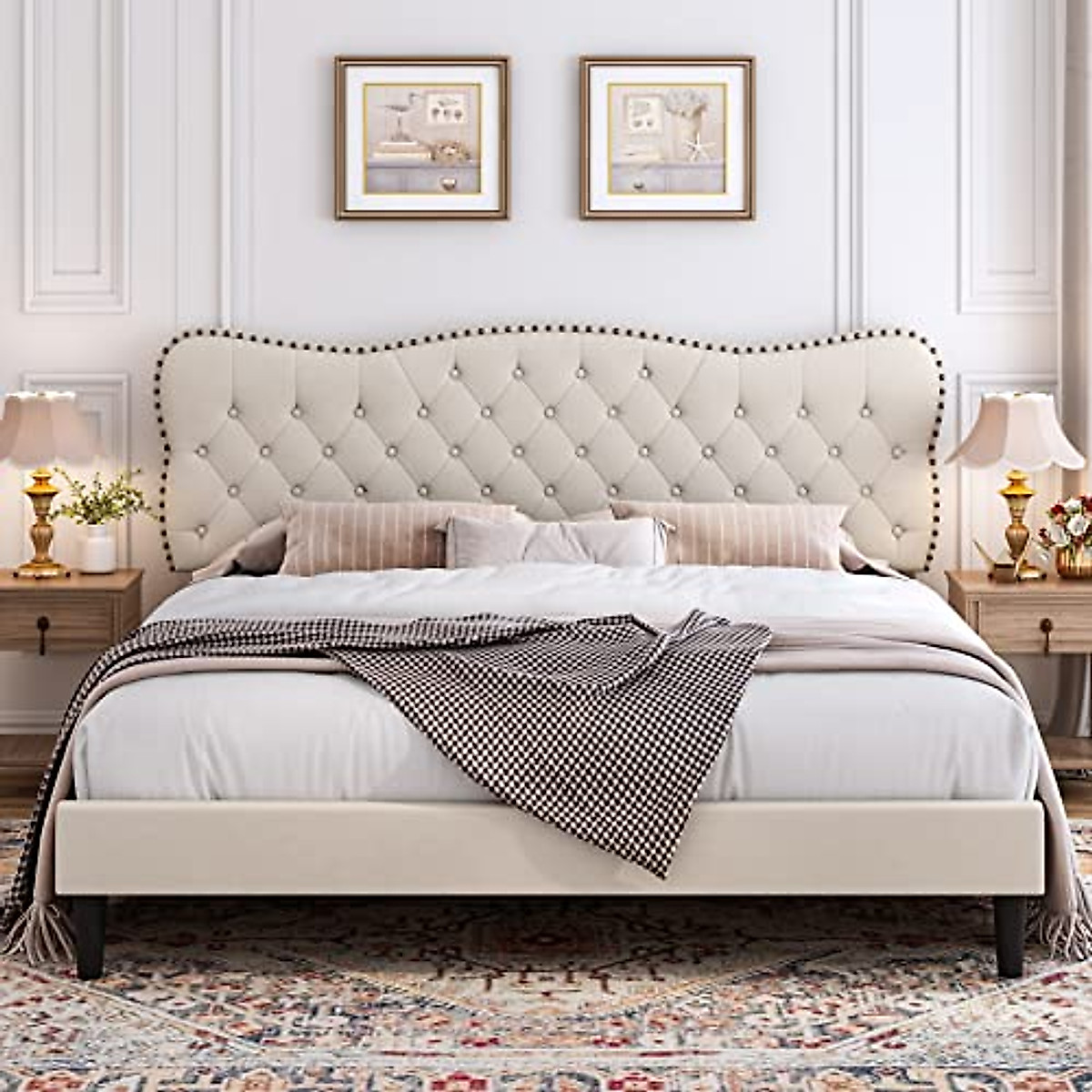 HOSTACK King Size Bed Frame, Linen Fabric Upholstered Platform Bed Frame with Adjustable Headboard, Diamond Tufted Mattress Foundation with Wood Slats, Easy Assembly, No Box Spring Needed, Beige