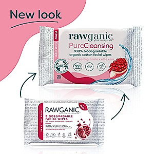 Rawganic Anti-aging Hydrating Facial wipes, Fragrance-free Biodegradable Organic Cotton Wipes with Pomegranate and Aloe Vera (set of 4)