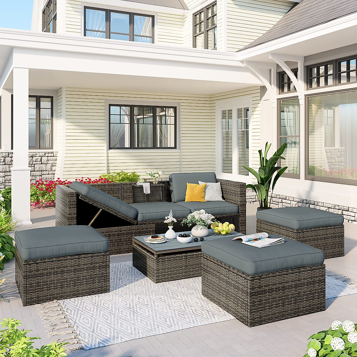 LZ LEISURE ZONE Patio Furniture Sets, 5-Piece Patio Conversation Sets, Outdoor PE Rattan Wicker Sectional Sofa Set with Adjustable Backrest, Ottomans and Lift Top Coffee Table, Grey+Grey