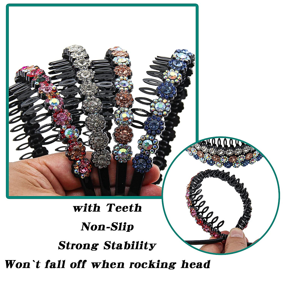 Yeshan Teeth Comb Headbands For Women with Rhinestone and Crystal beaded Plastic Hairband,Pack of 4