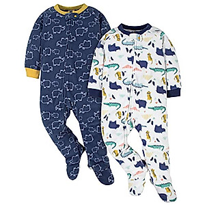 Gerber Baby Boys' Toddler Loose Fit Flame Resistant Fleece Footed Pajamas 2-Pack, Grey Zoo & Rhino, 6-9 Months