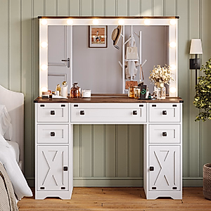 Hasuit Farmhouse Vanity Desk with LED Lights Mirror & Power Outlet 43'' Makeup Vanity Table with 5 Drawers & 2 Cabinets, Dressing Table for Bedroom,3 Color Lighting Modes Adjustable Brightness,White