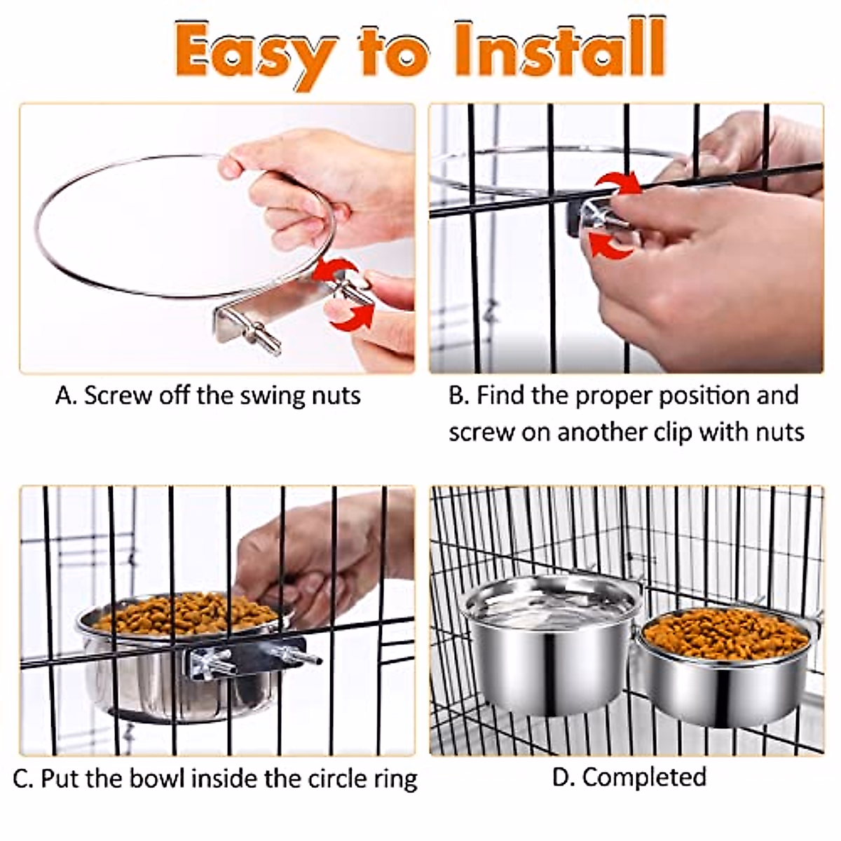 Dog Crate Water Bowl, 2 pcs Stainless Steel Large Dog Bowls, Durable Anti-Spill Pet Metal Bowl for Cage Kennel Crate, Hanging Water/Food Bowl for Medium & Large Dogs (7.1x3.5'' & 6.3x2.6'')