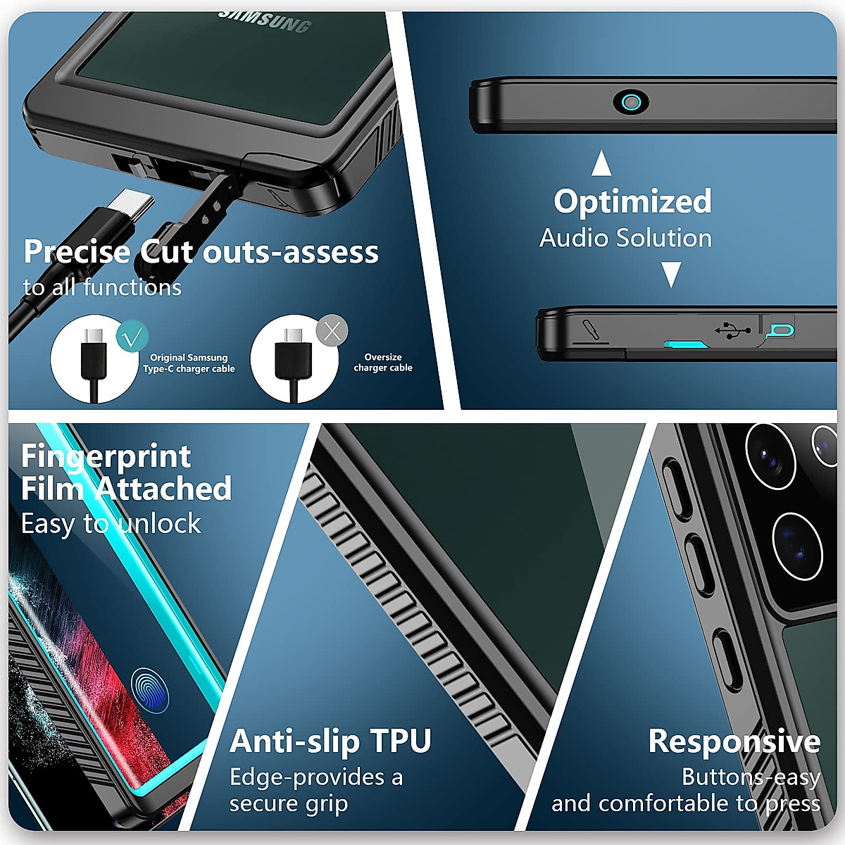 SPIDERCASE Designed for Samsung Galaxy S22 Ultra Case, Waterproof Built-in Screen Protector Full Protection Heavy Duty Shockproof Case, Teal