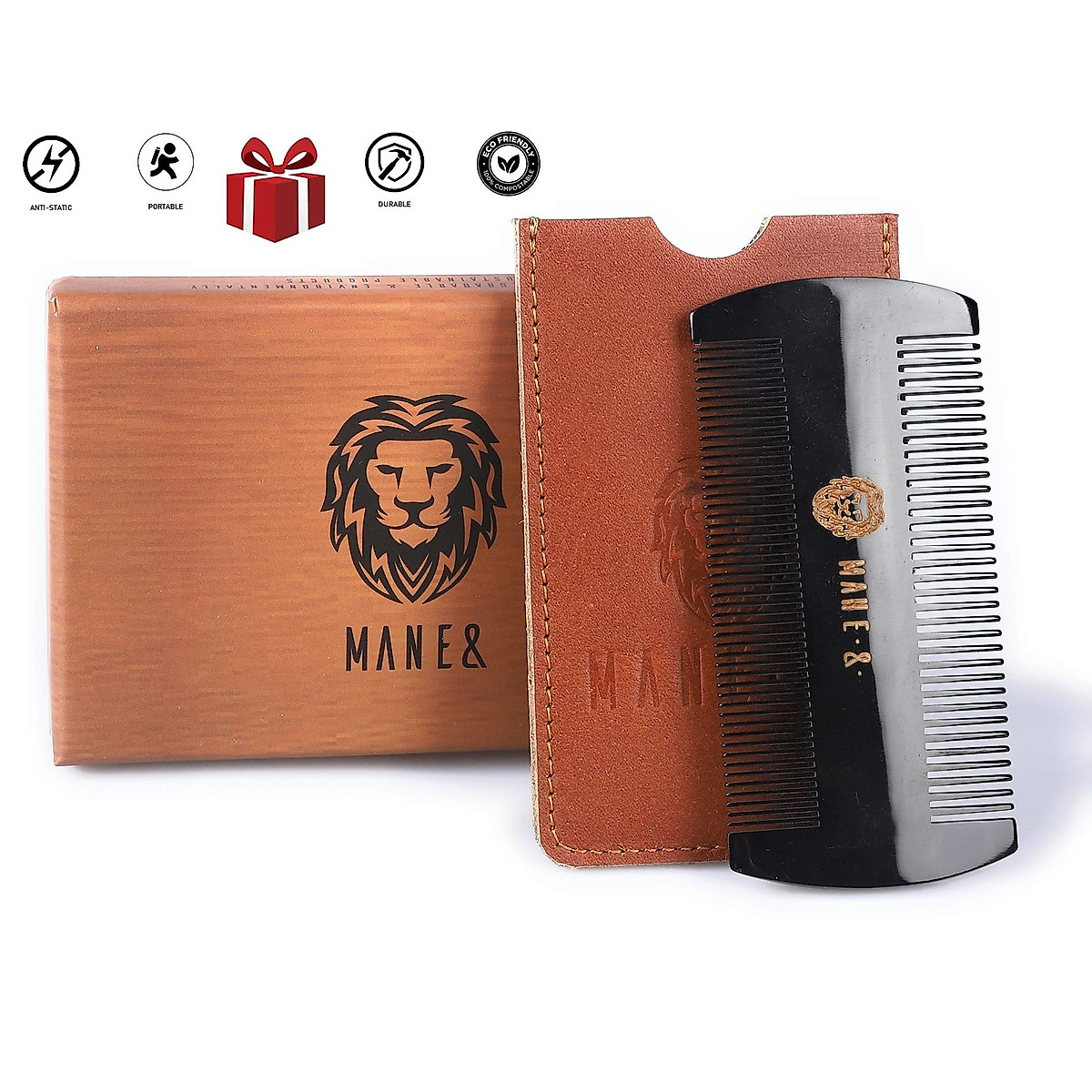Premium 100% Oxhorn Dual-Action Beard Comb with Genuine Leather Case – the Perfect Beard Grooming Gift for Men by Man & Mane.