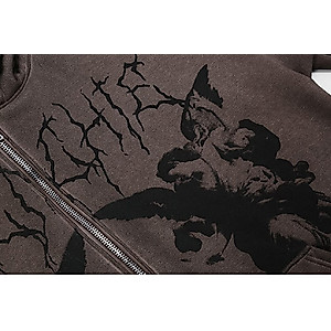 Wgooyheya Women Y2K Portrait Print Hoodie Crop Tops Long Sleeve Zipper Cardigan Sweatshirt with Pocket (D-Brown, Medium)