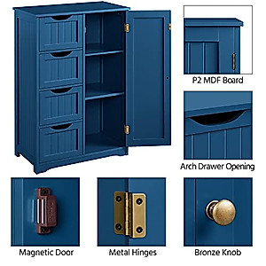 Yaheetech Wooden Bathroom Floor Cabinet, Side Storage Organizer Cabinet with 4 Drawers and 1 Cupboard, Freestanding Entryway Storage Unit Console Table, Bathroom Furniture Home Decor, Navy Blue