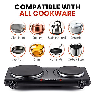 Elite Gourmet EDB-302BF# Countertop Double Cast Iron Burner, 1500 Watts Electric Hot Plate, Temperature Controls, Power Indicator Lights, Easy to Clean, Black