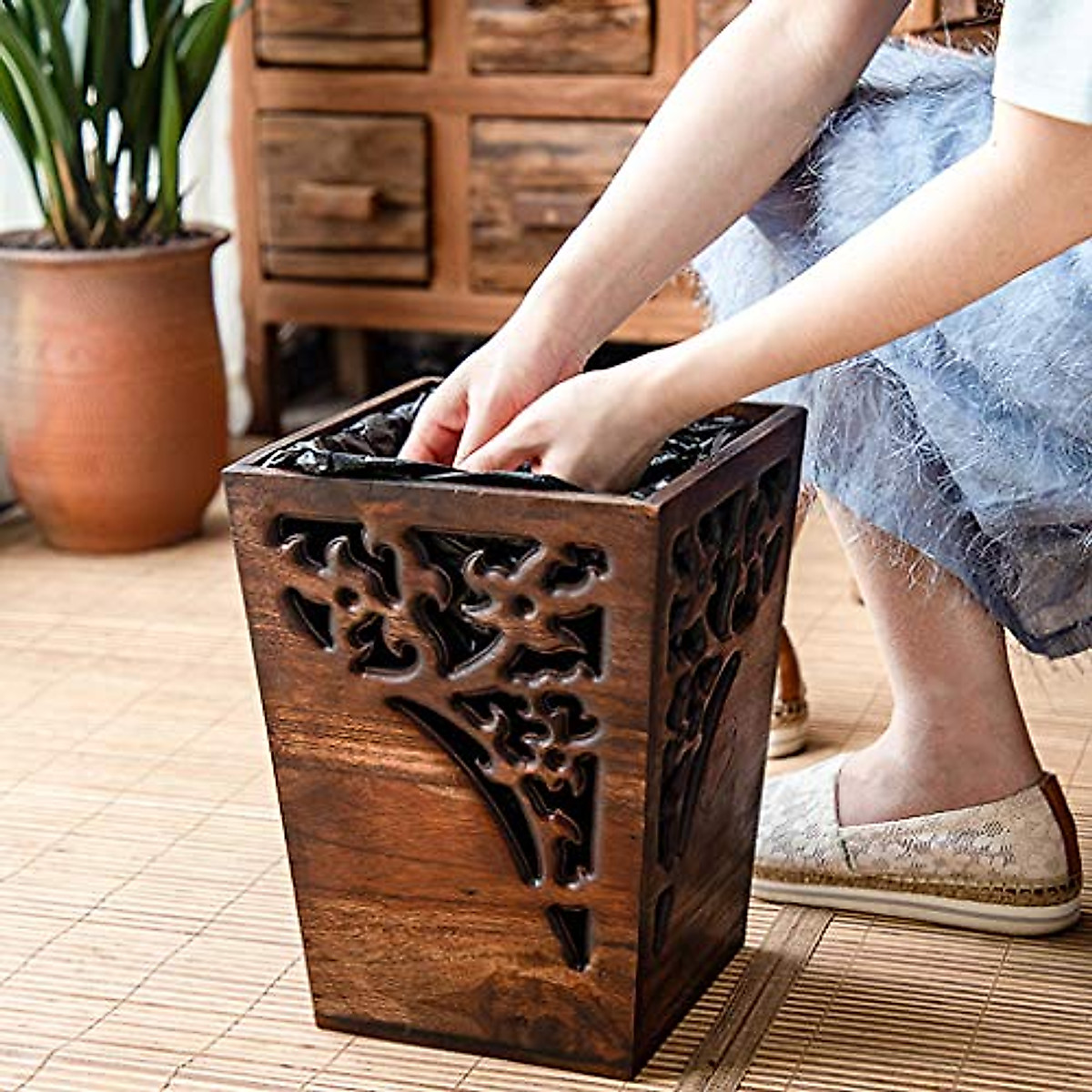 Liex- Waste Paper Basket Kitchen Trash Can, Multi-Functional Teak with Card Strip (Retro Waste Bin Flower Bucket Storage Box), Suitable for Bedroom Hotel (Size: 15 × 20 × 24cm)