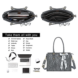 MOSISO Laptop Bag for Women, 17-17.3 inch PU Leathe Tote Bag Compatible with MacBook, HP, Dell, Asus Notebook, Front Embossed Retro Hibiscus Computer Bag with Silk Scarf&Clutch Purse, Gray