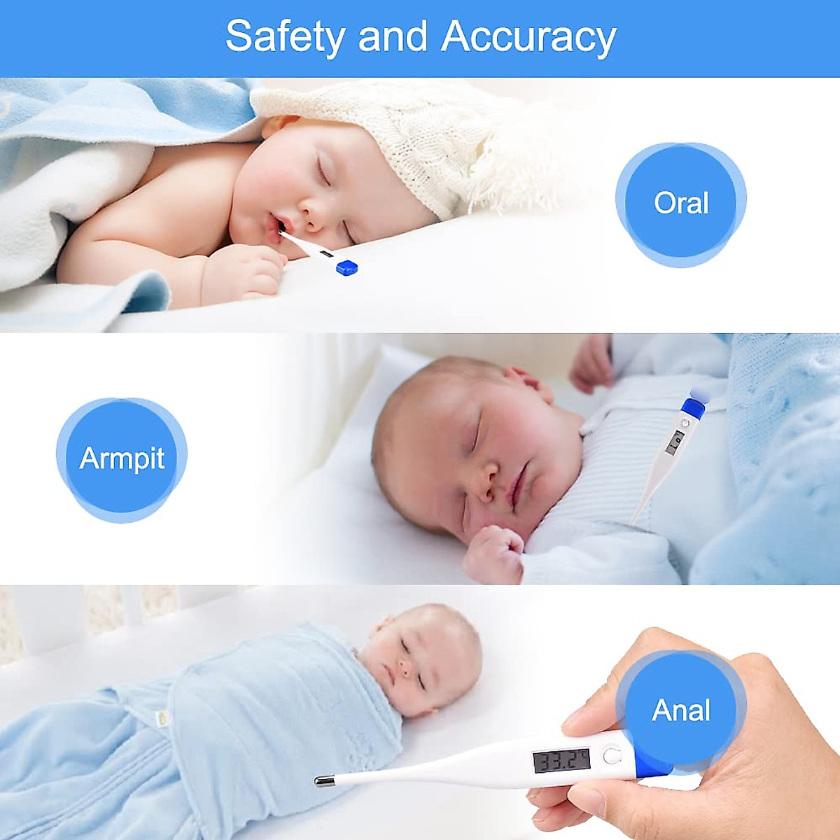 Berrcom Digital Thermometer for Adults and Kids, Oral Thermometer for Baby Rectal and Underarm Thermometer for Fever Alarm Medical Thermometer with C/F Switchable