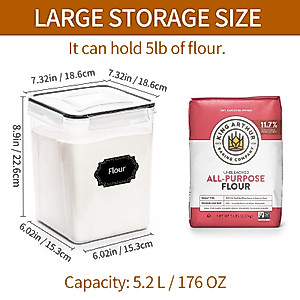 HKJ Chef 4 Pack Large Airtight Food Storage Containers with Lids (5.2L / 176oz), BPA Free Plastic Kitchen and Pantry Organization Contianers for Cereal Flour and Sugar Storage - Labels & Marker