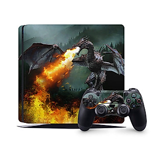 ZOOMHITSKINS PS4 Slim Skins, Animal Prehistoric Dragon Fire Flames Medieval Classic Vintage, Durable, Bubble-Free Goo-Free,Cover Set of 2 Controller Skins 1 Console Skin, Made in USA