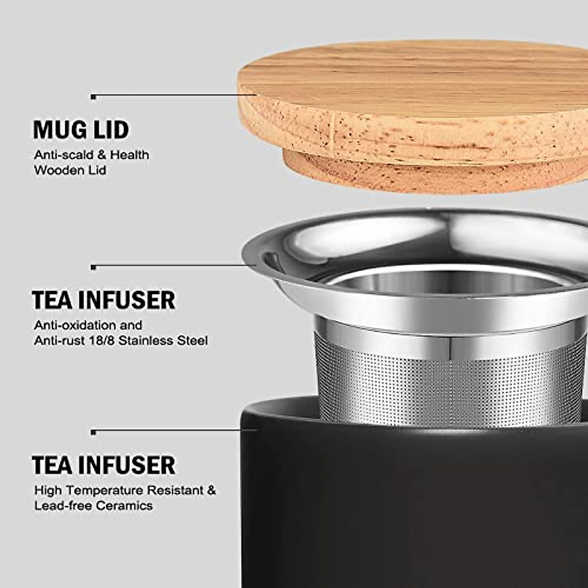 COYMOS Ceramic Tea Mug with Infuser and Lid, 16oz Loose Leaf Tea Cup Large Handle Teaware Mug, Tea Gift Sets for Tea Lover (Black)