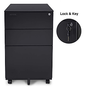 Aurora FC-103BK Modern SOHO Design 3-Drawer Metal Mobile File Cabinet with Lock Key Sliding Drawer, Fully Assembled, Black