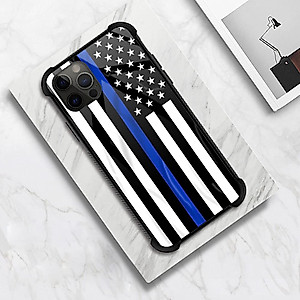 ZHEGAILIAN Case for iPhone 13 Mini - American Flag Blue Line, Tempered Glass Back & Soft Silicone TPU Shock Protective Case