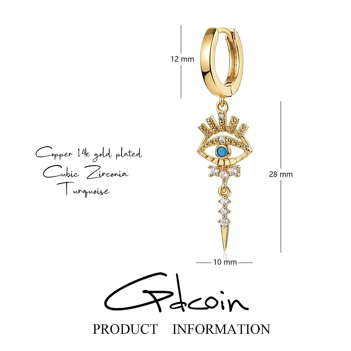 GDCOIN Dangle Earrings for Women Gold Huggie Hoop Heart Oval Open Evil Eye Drop Turquoise Diamond Cubic Zirconia 14K Gold Plated Delicate Small Simple Hypoallergenic Ear Jewelry Gift