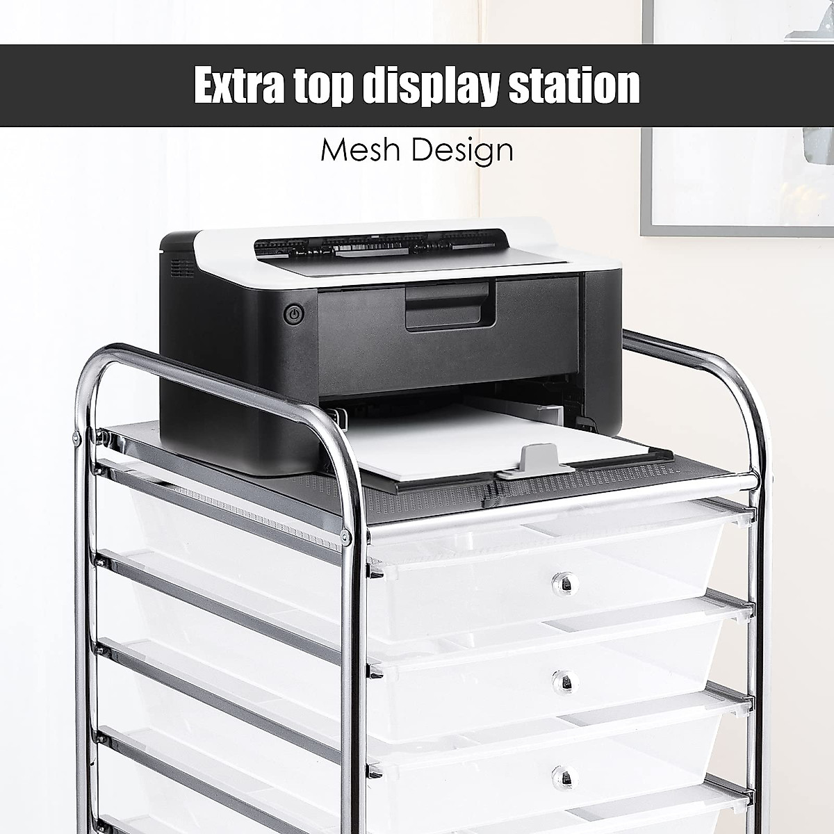 GOFLAME Rolling Drawer Cart with 10 Drawers, Utility Storage Organizer Cart with Wheels and Metal Frame, Art Cart for Office, School, Home, Clear