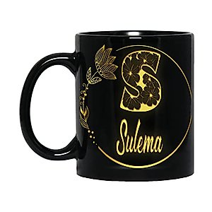 Coffee Mug Personalized Sulema Name & Initial Letter Monogram Floral Alphabet Mug Golden Flowers Custom Black Coffee Cup, Gift for Her Mom Coworker Sister, Wife, Girl 11oz Black Mug 461918