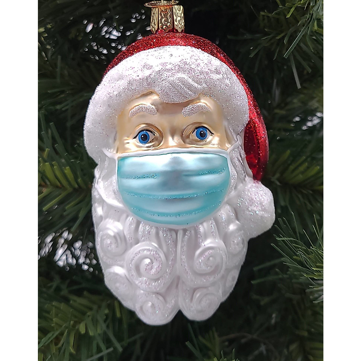 Old World Christmas Santa with Face Mask Blown Glass 2020 Unique Christmas Ornaments for Christmas Tree Decorations
