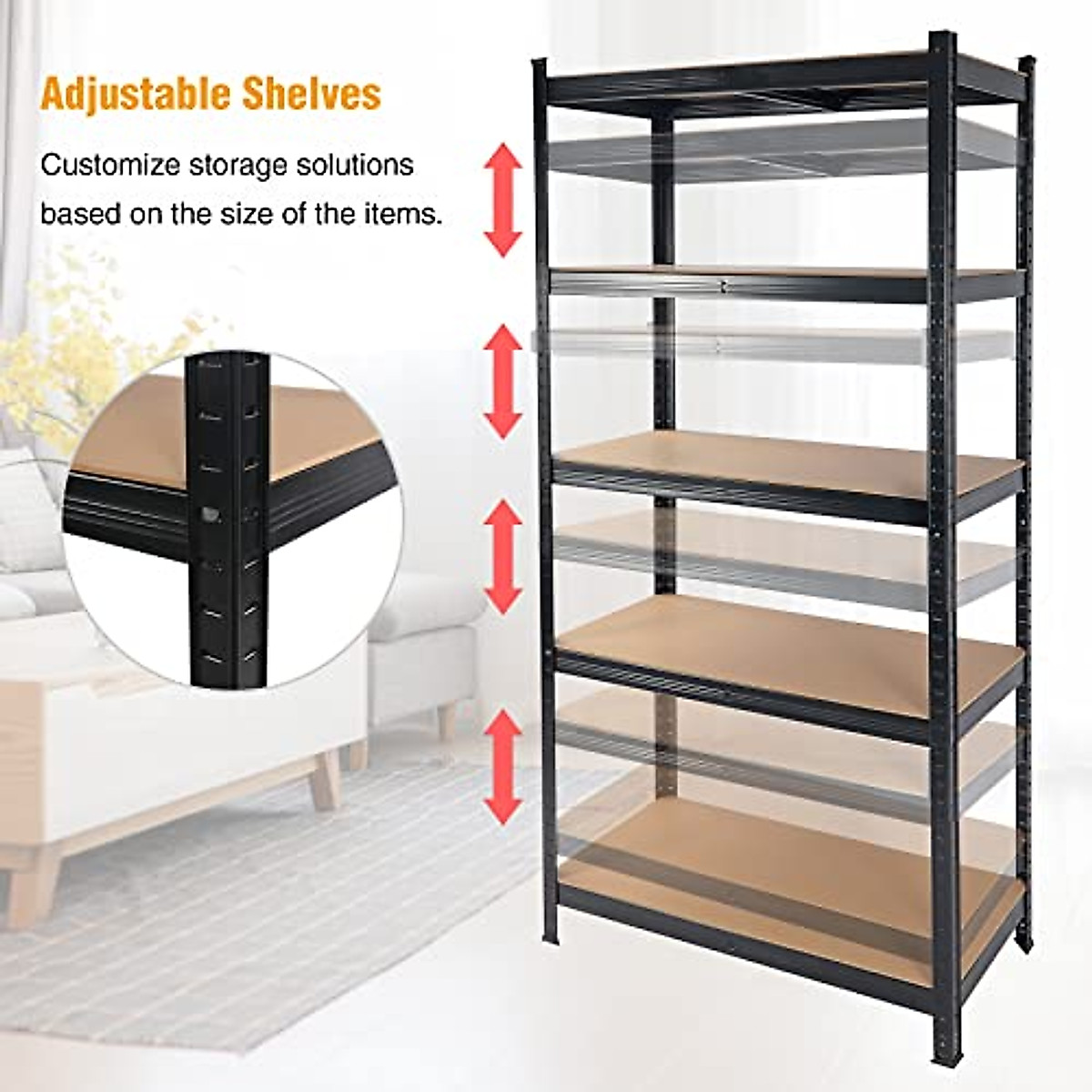 ALBOMI 35" W x 18" D x 71" H Adjustable Metal Garage Shelving Unit, 5-Tier Heavy Duty Garage Storage Shelves with Board, Multipurpose Storage Shelves Rack for Garage Basement Warehouse Office, Black