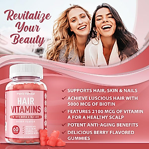 Premium Hair Vitamins Supplement-Gummy Vitamins w/Biotin, Folic Acid, Vitamins A&D-Supports Faster Hair Growth & Promotes Healthy Hair, Skin, & Nails-60 Non-GMO Berry Flavored Gummies